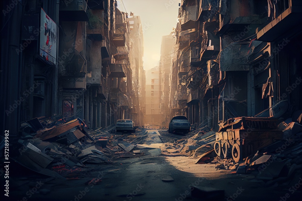 War zone or a bombed-out city. Rubble of houses after the earthquake ...