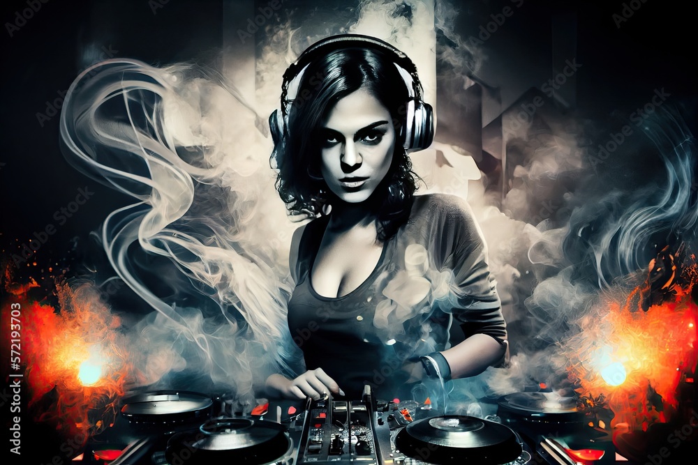 dj girl with dark hair using dj mixer in nightclub with colorful smoke ...