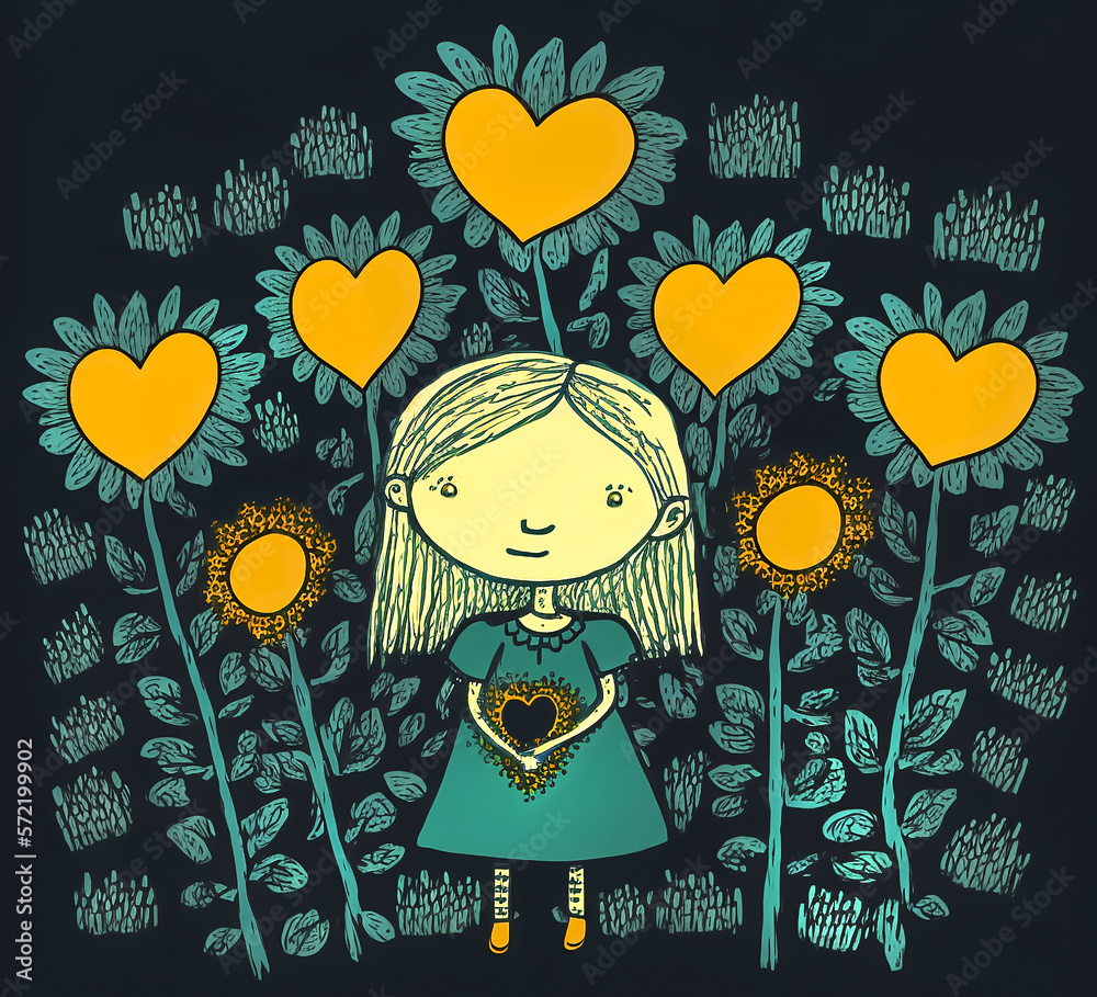 Cute little girl in the field of sunflowers. Doodle cartoon ...