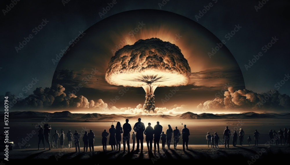 Ai art of nuclear explosion at night with silhouettes of people ...