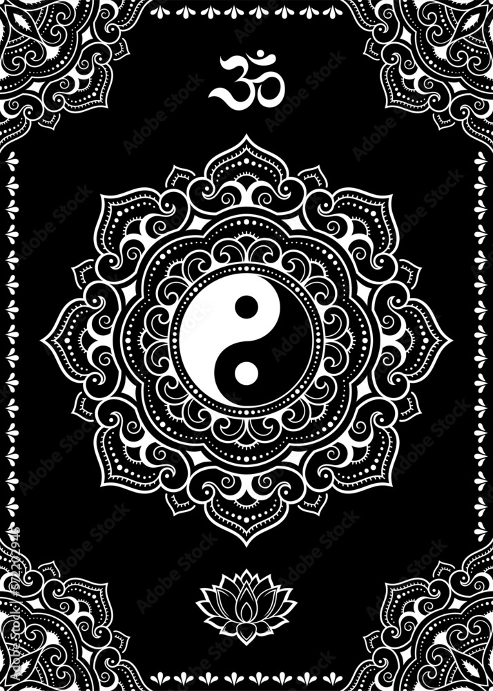 Set of Eastern ethnic religious symbols. Mandala with OM mantra, Yin ...