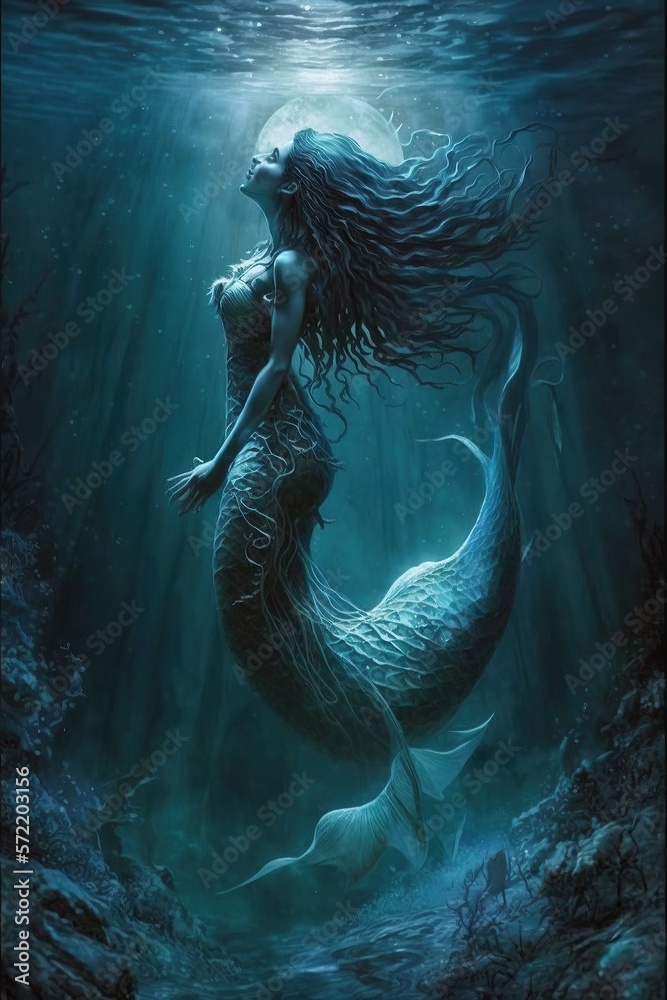 underwater fantasy world beautiful mermaid with tail in ocean created ...