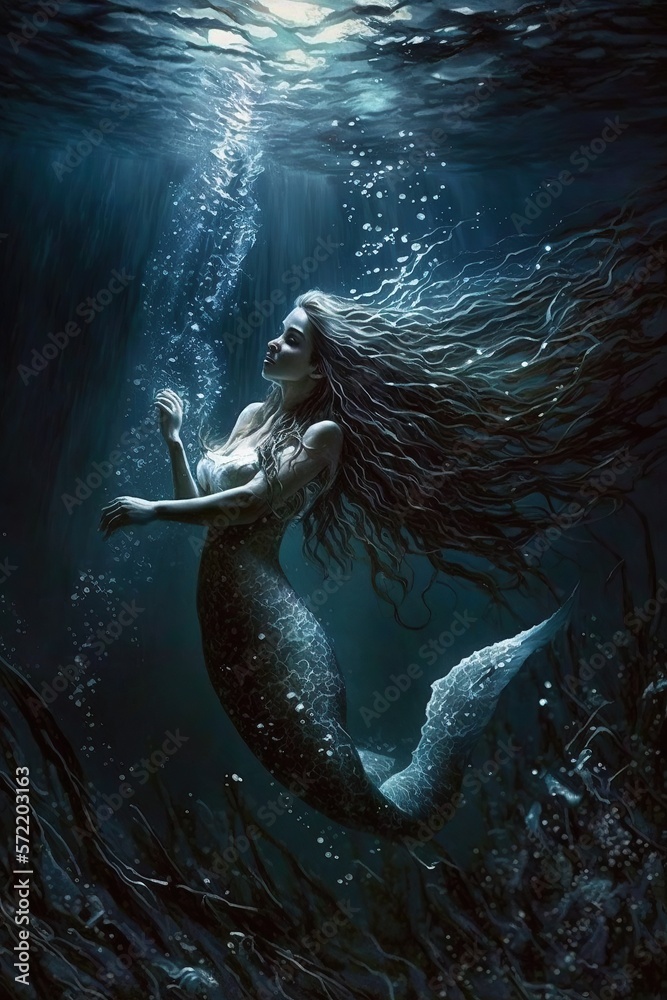 Underwater Fantasy World Beautiful Mermaid With Tail In Ocean Created By Generative Ai Stock