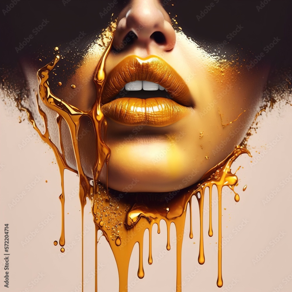 Spots of gold paint dripping from the face, lips and hands, lip gloss ...