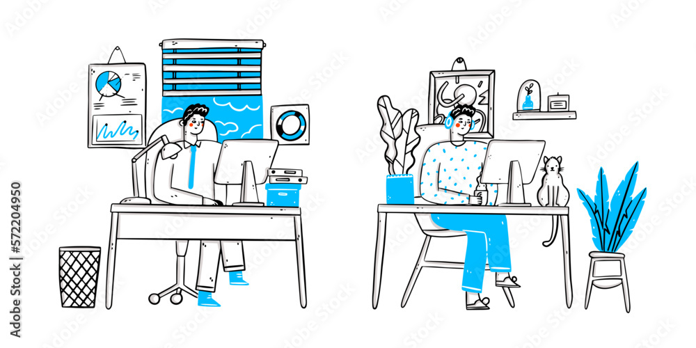 Man working at computer in office and at home, cartoon illustration ...