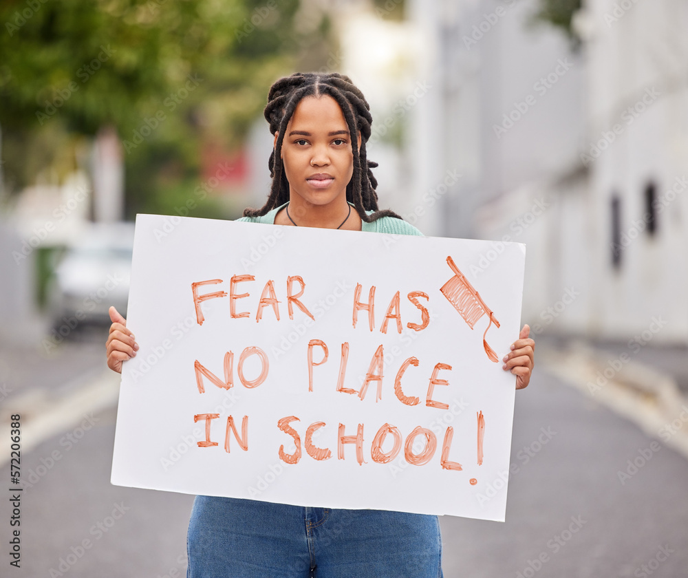 Protest portrait, poster and city student rally for human rights ...
