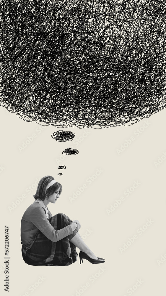 Contemporary art collage. Young woman suffering from obsessive tangled ...