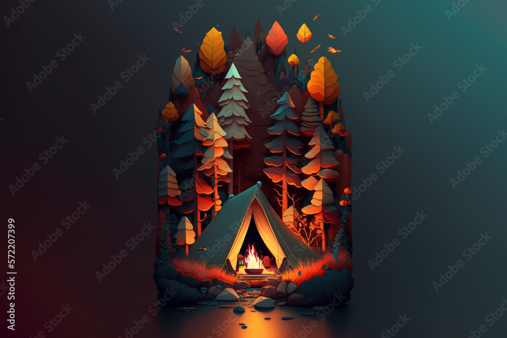love camping concept, autumn camp ground 3d diagram, tent surrounded by ...