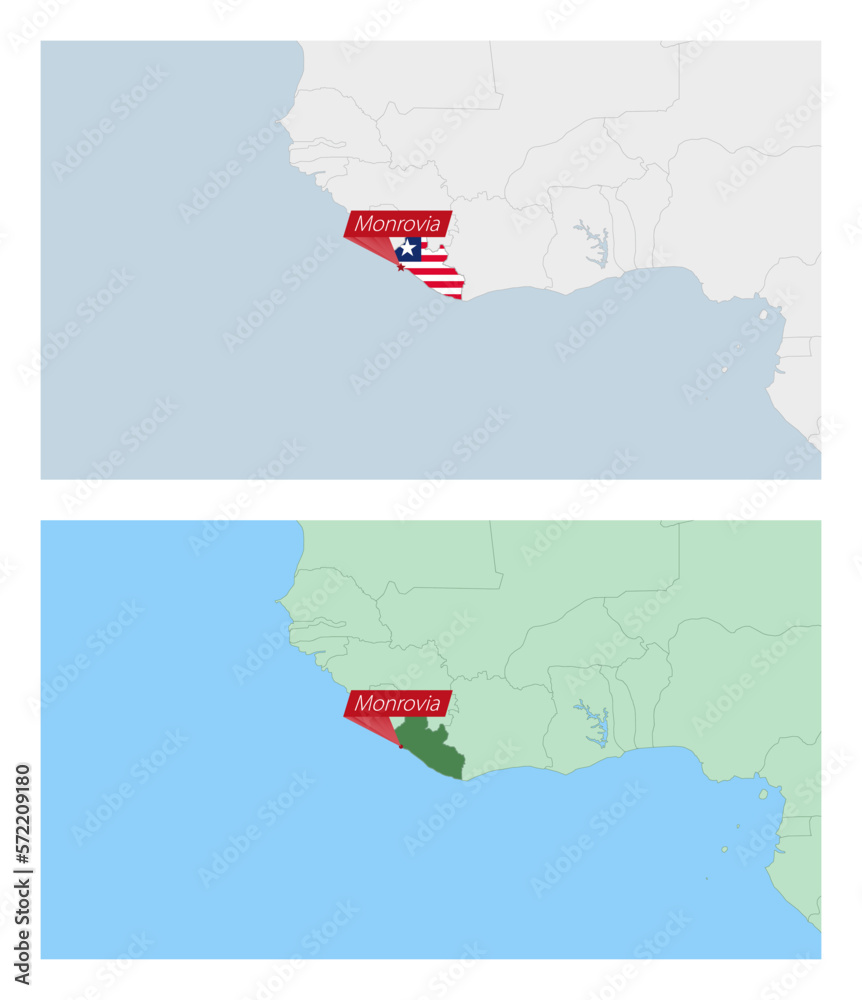 Liberia map with pin of country capital. Two types of Liberia map with ...