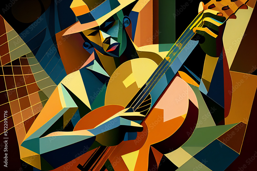 Afro-American male musician guitarist playing a guitar in an abstract ...