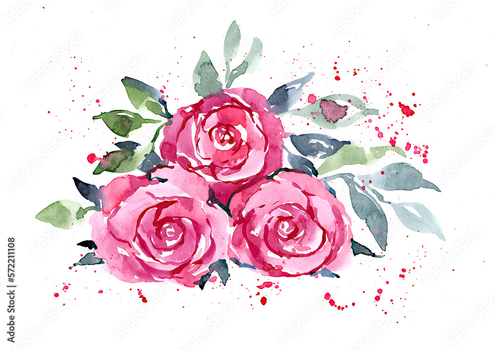 Watercolor illustration by hand of a red rose on a white background ...