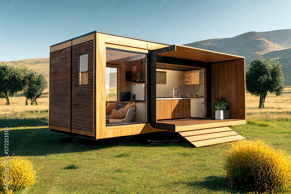 Modular wooden house on wheels with flat roof and big windows all ...