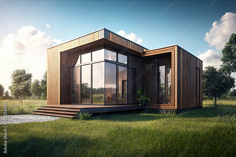 Timber frame modular house with flat roof, panoramic windows and double ...