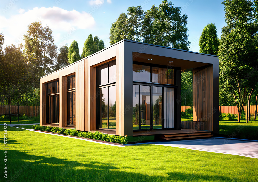 Timber frame modular house with flat roof, panoramic windows and double ...