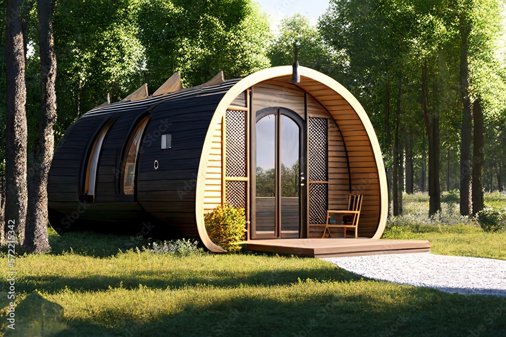 Small modern and elegant barrell wooden cabin house. tiny house and ...