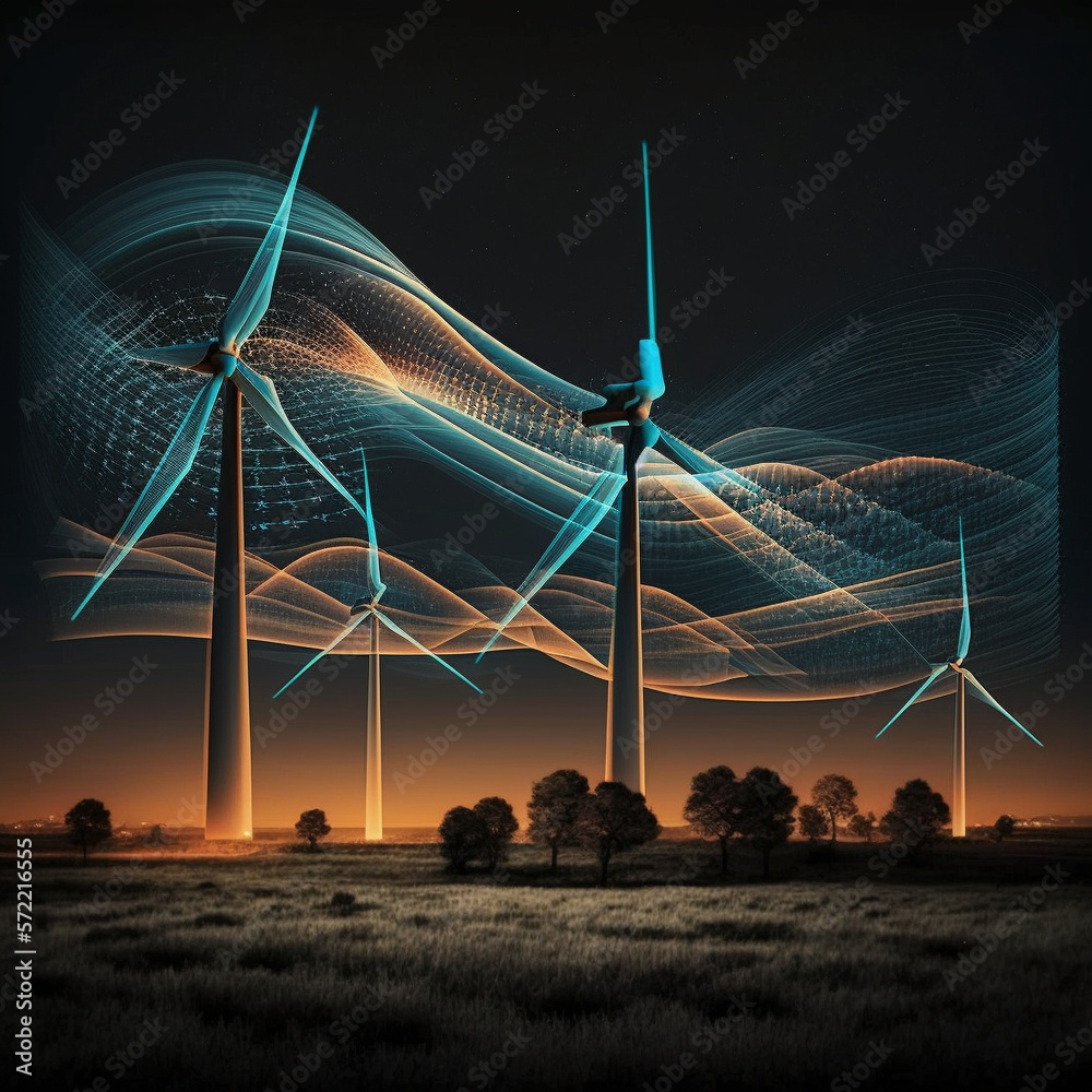 Generative AI illustration of futuristic wind turbines farm with glowing air lines during the ...