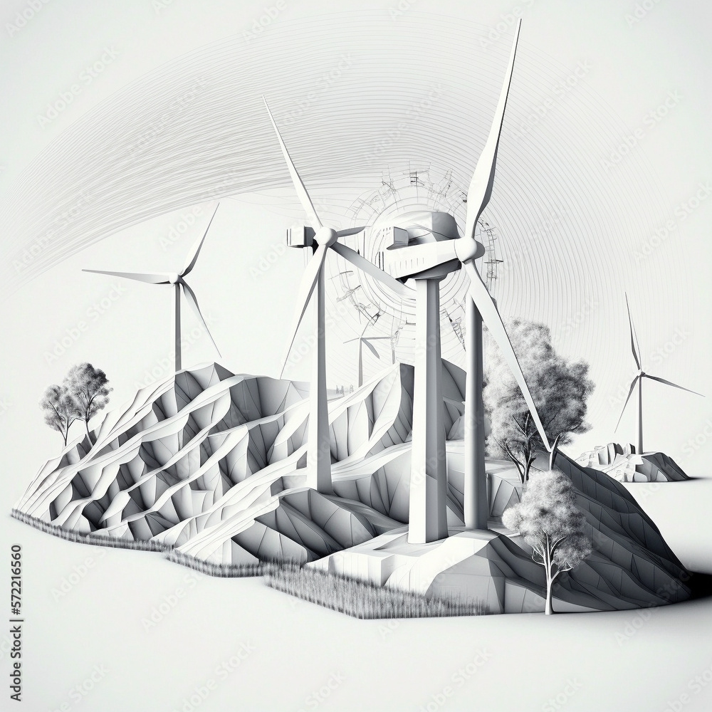 Generative AI render of wind turbines farm model, made in white ...