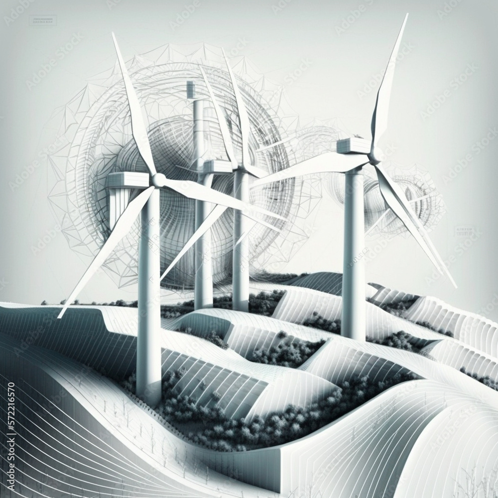 Generative AI render of wind turbines farm in white model, in the ...