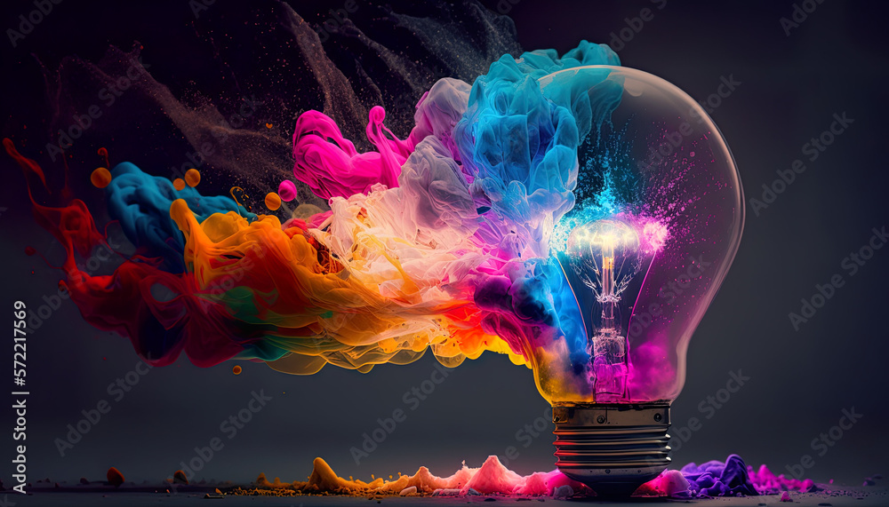 Lightbulb eureka moment with Impactful and inspiring artistic colourful ...