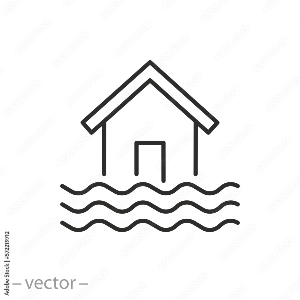 flood buildings icon, house in water waves, flooding rising levels ...