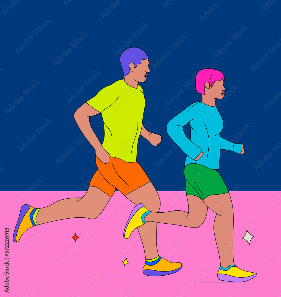 Girl and boy running together on a two-tone background (2) Stock ...