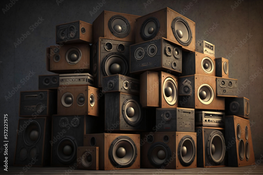 stack of vintage music audio speakers, generative ai Stock Illustration ...