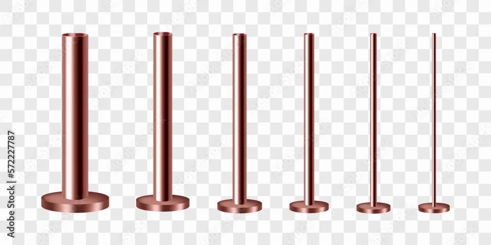 Copper poles on a round base. Set of metal columns. Realistic vector ...