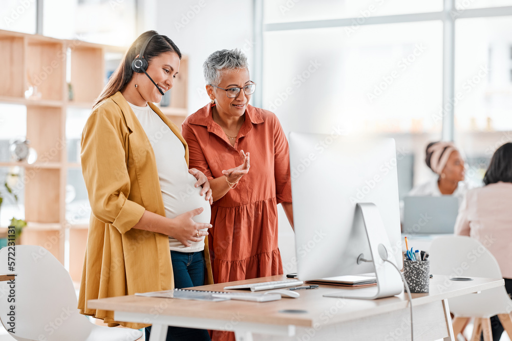 Call center, pregnant and women on computer in office or workplace for ...