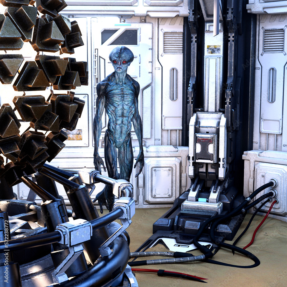 Illustration of a blue skin alien inside a spaceship with machinery ...