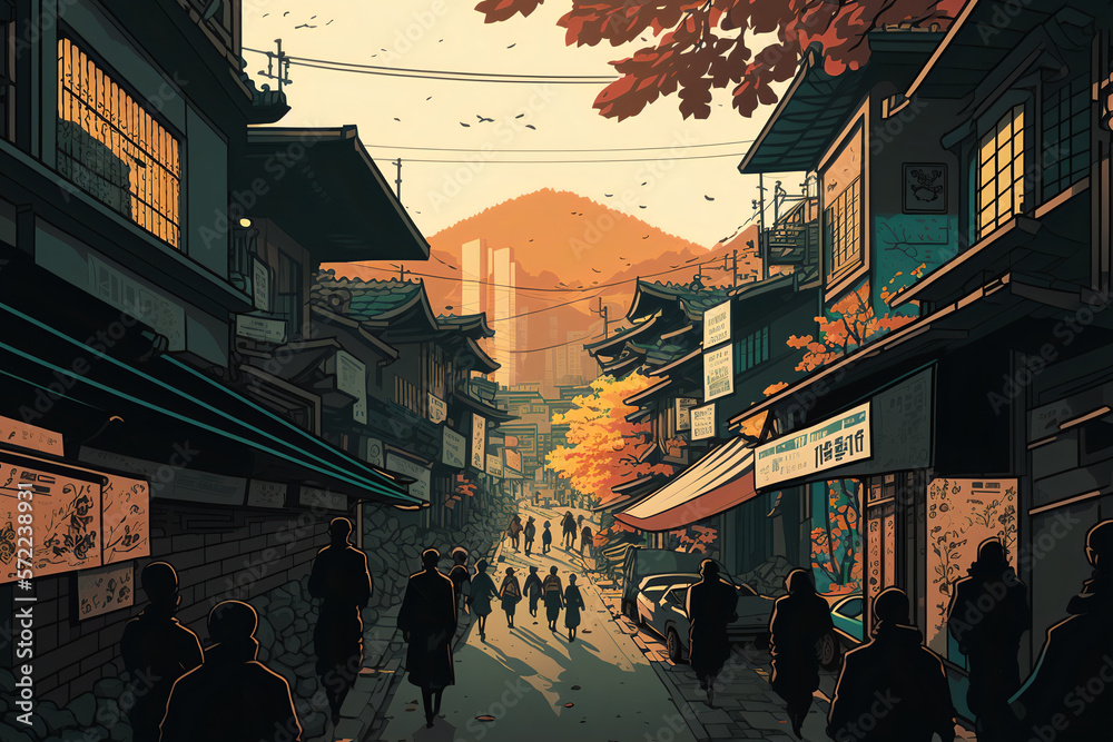 A colorful digital painting of a bustling street in Seoul, South Korea ...