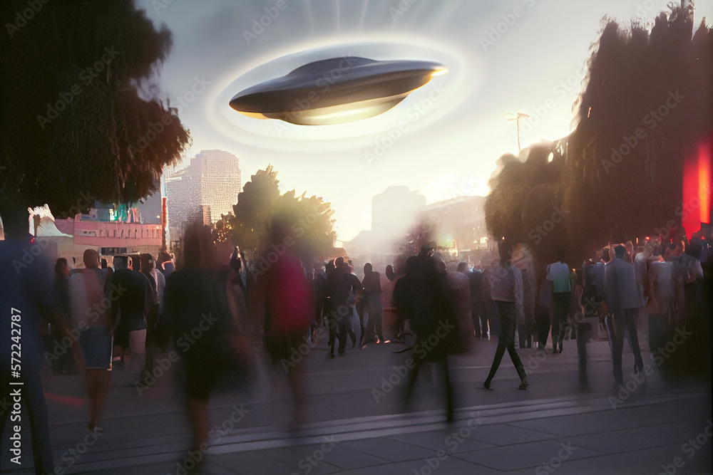 Spacecraft disc hovering over the city streets with people around ...