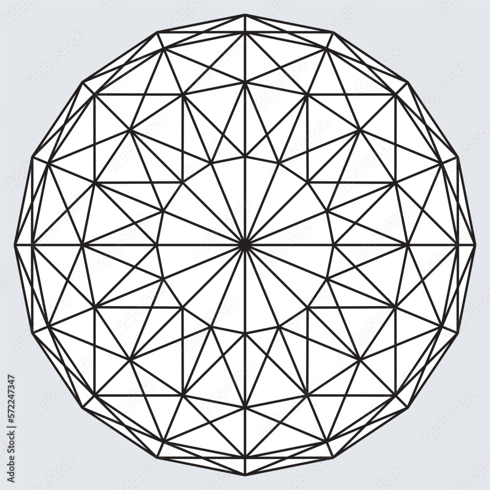 Rounded shape with triangles grid segments. Polygon mesh sphere, sacred ...