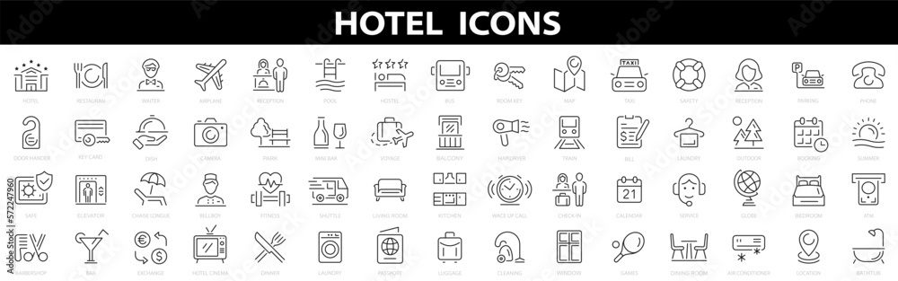 Vetor de Hotel icon set. Hotel service collection. Hotel elements ...