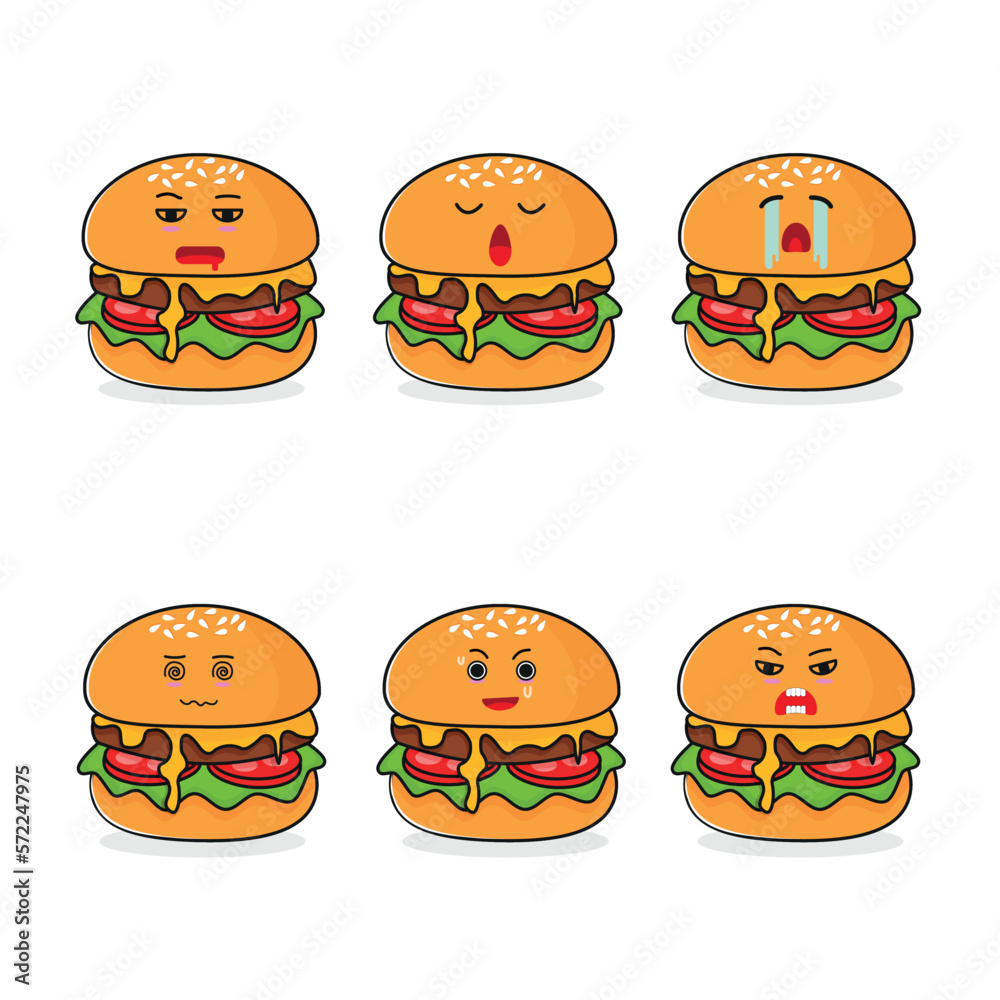 Cute happy melting cheese hamburger character different pose activity ...