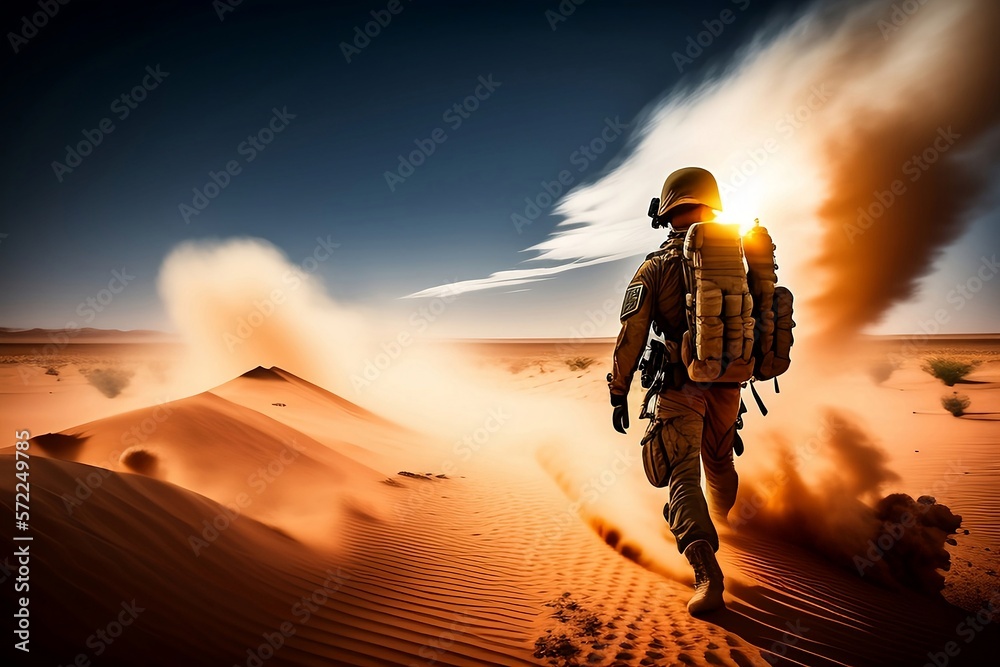 realistic photography, A soldier running away from an explosion in the ...