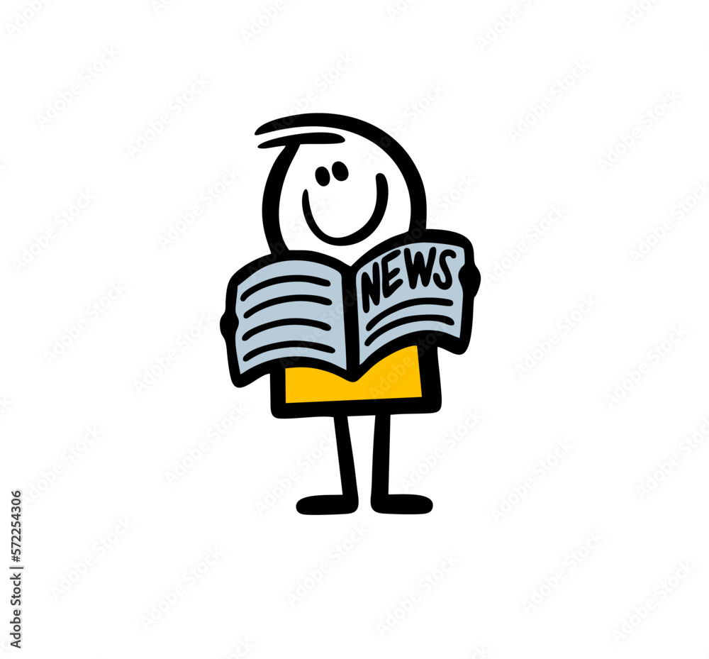 Cartoon stick figure character holds a newspaper and read fresh news ...