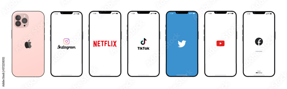 Instagram, Netflix, TikTok, Twitter, YouTube, Facebook logo screen in ...