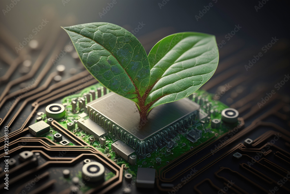 Tree growing on the circuit board, Green computing, Green technology ...