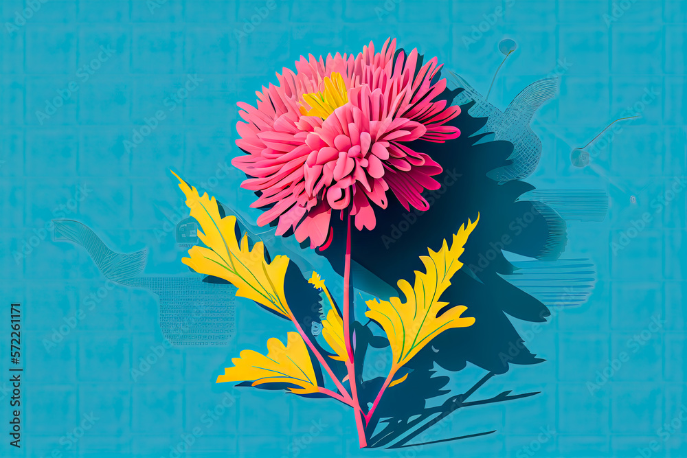 Minimalistic pop art duotone illustration of a isolated blooming pink ...