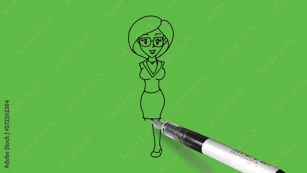 Draw young girl with spectacles fold right arm from elbow with open ...