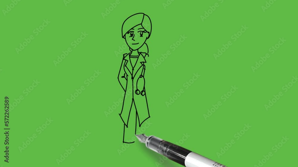 Draw young lady doctor standing straight with stethoscope hold right ...