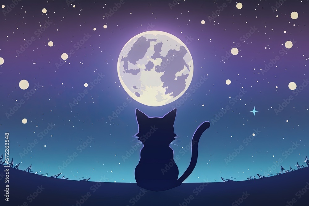 Anime cat looking at the moon on starry night illustration generative ...