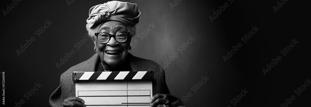 Movie actress audition portrait with clapperboard, elderly african ...