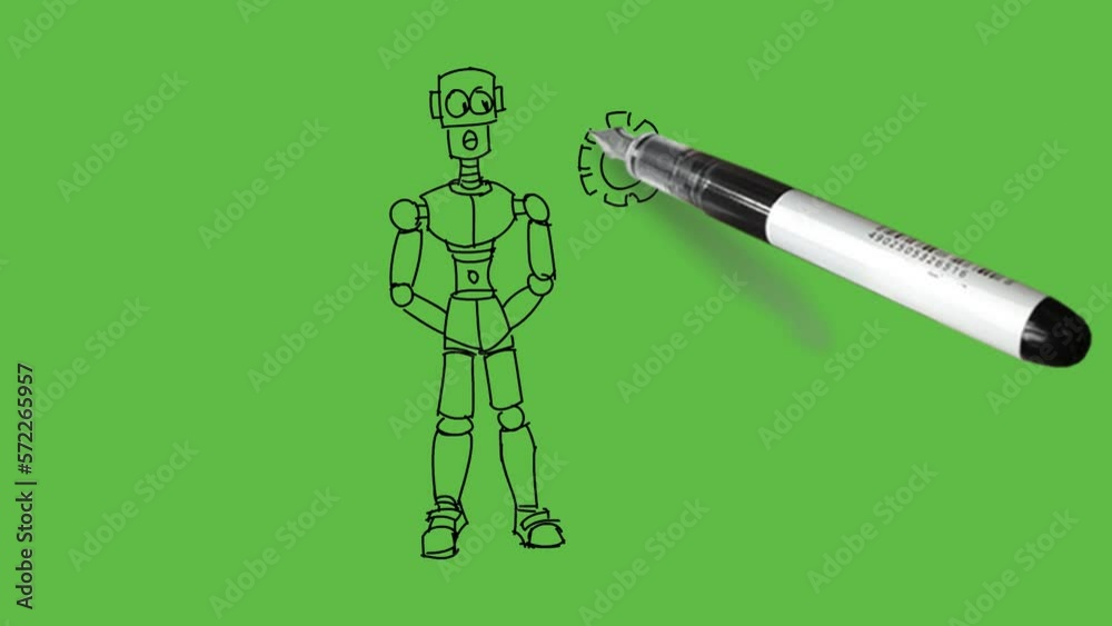 Draw young cartoon character robot man standing with three gear hold ...