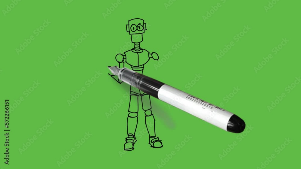 Draw young cartoon character robot man fold arm from elbow show thumbs ...