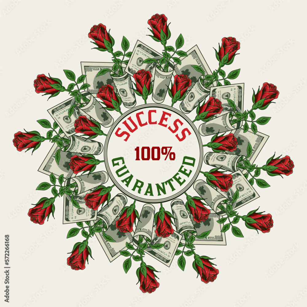 Circular money frame with twisted US dollar bills, red roses, copy ...