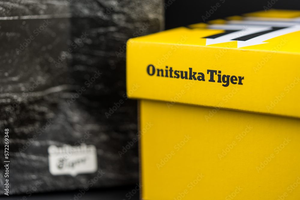 BANGKOK, THAILAND - FEB 16, 2023: Close up a logo of Onitsuka Tiger on ...