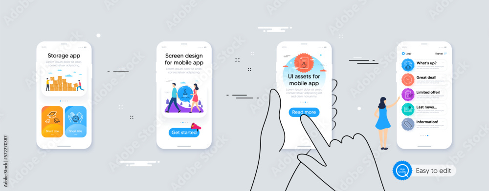 Vetor de Safe time, Brush and Approved document line icons for website, printing. Phone ui ...