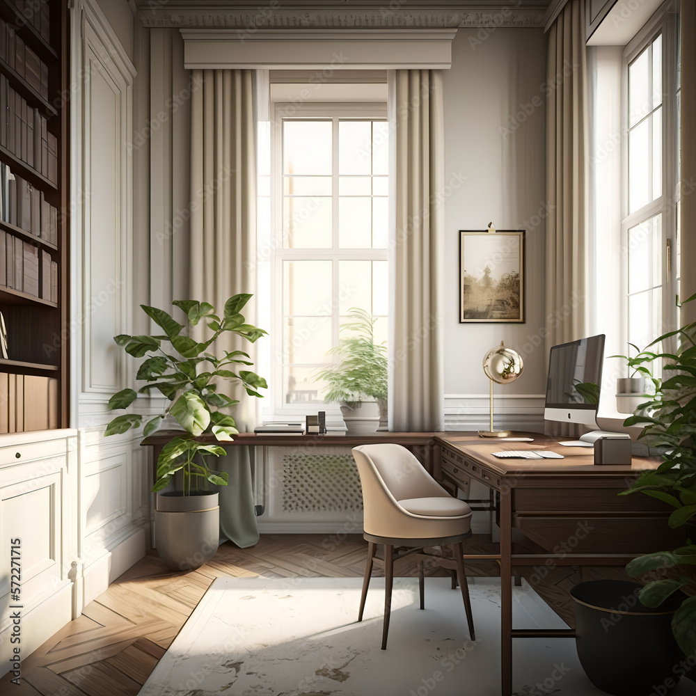 a modern yet classically designed study room, with light-colored walls ...