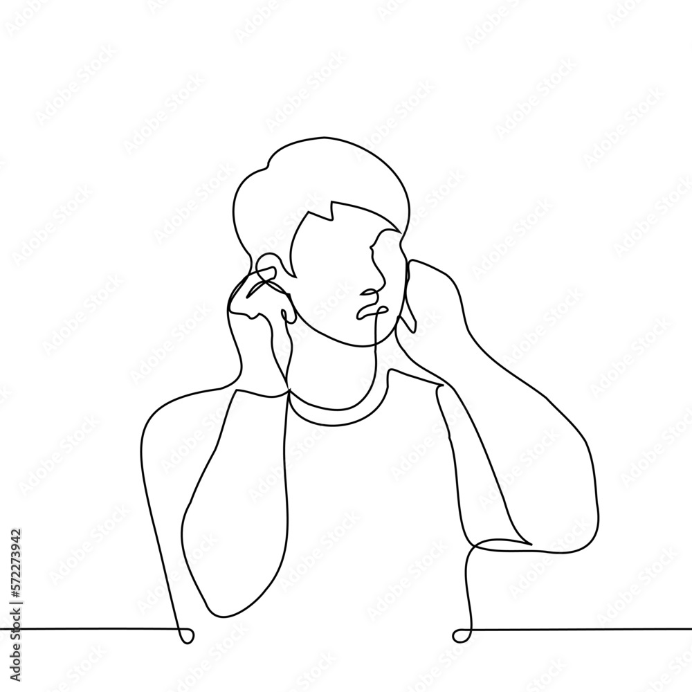 man is dissatisfied and closes his ears - one line drawing vector ...